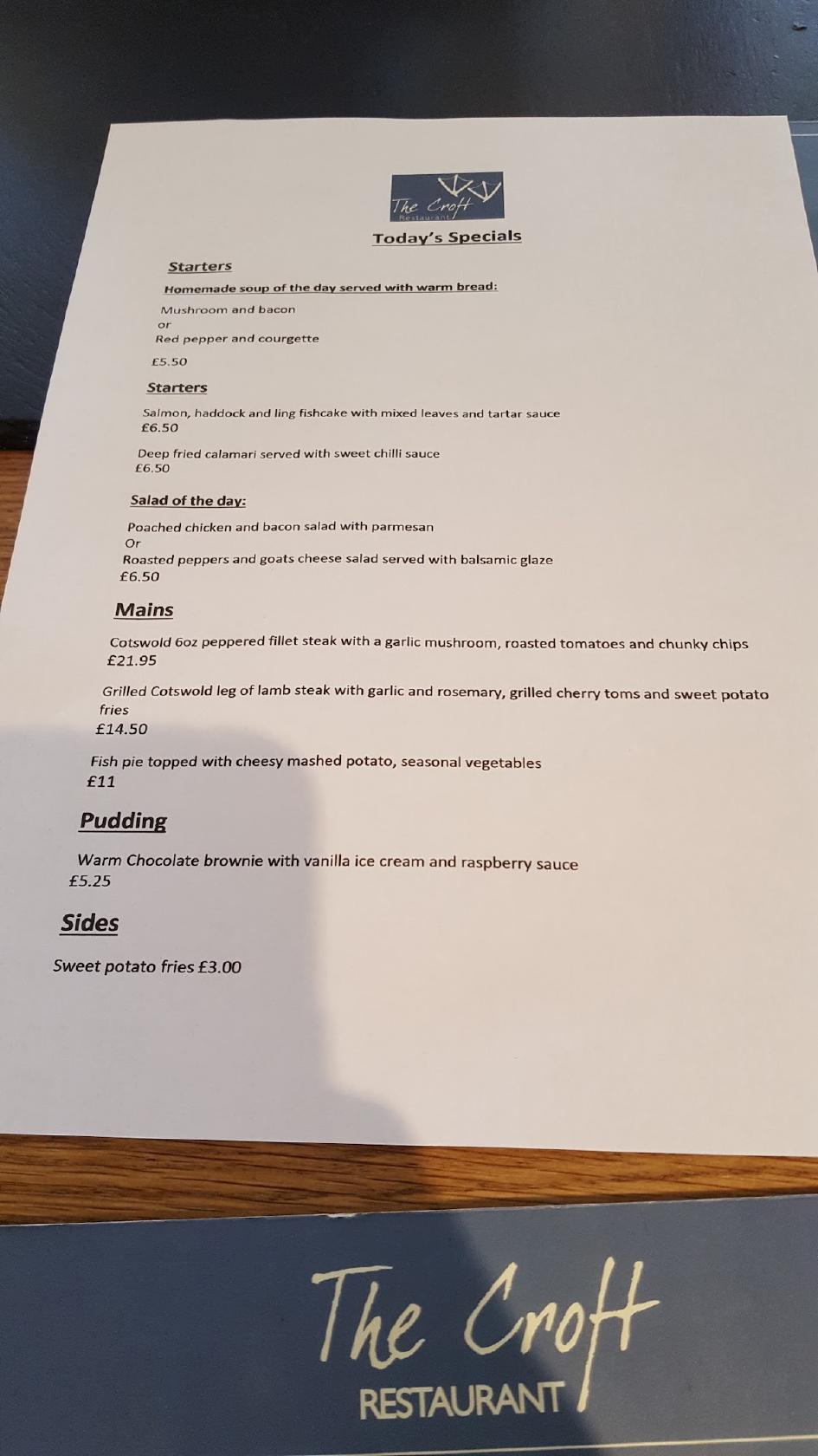 Menu at The Croft Restaurant, Bourton-on-the-Water