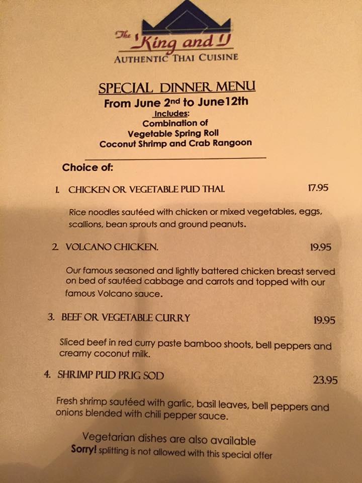 Menu at The King & I Thai Restaurant, Milwaukee