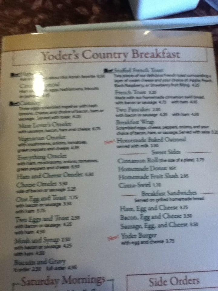 Menu at Yoder's Kitchen restaurant, Arthur, E Columbia St