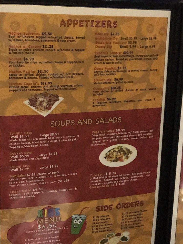 Menu at Zapata's Mexican Restaurant, Oldsmar