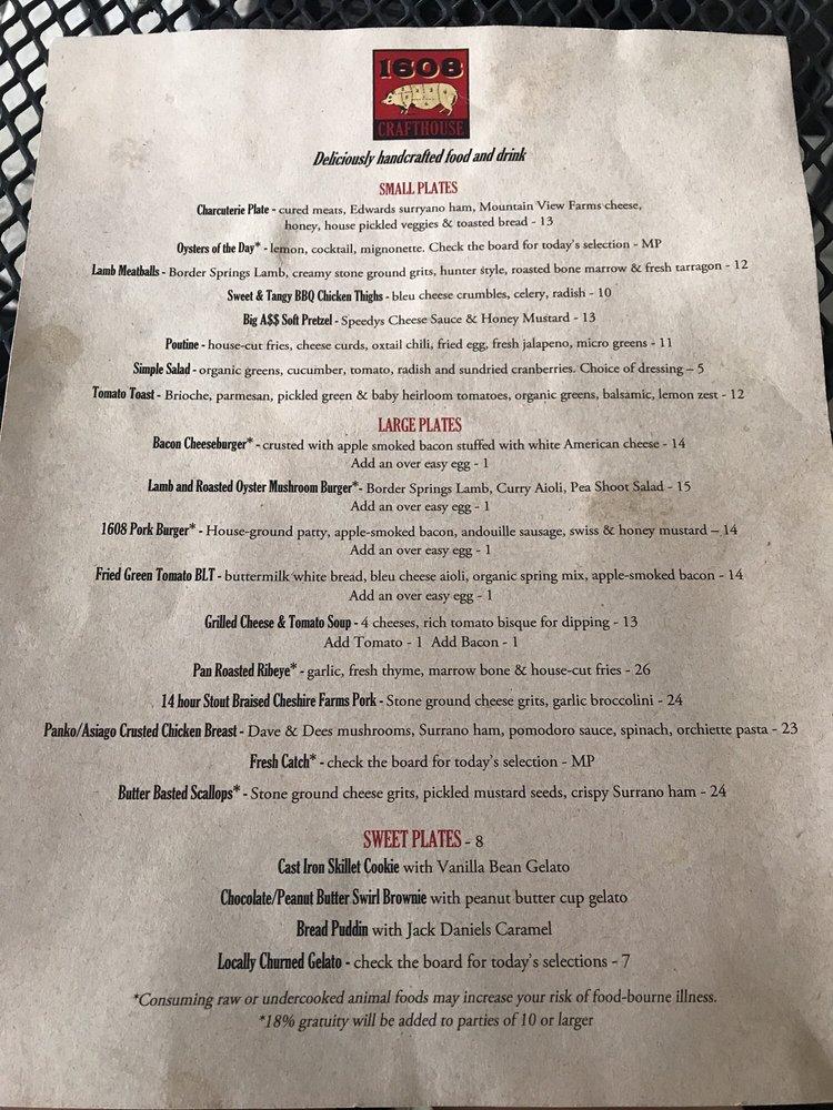 Menu at 1608 Crafthouse restaurant, Virginia Beach