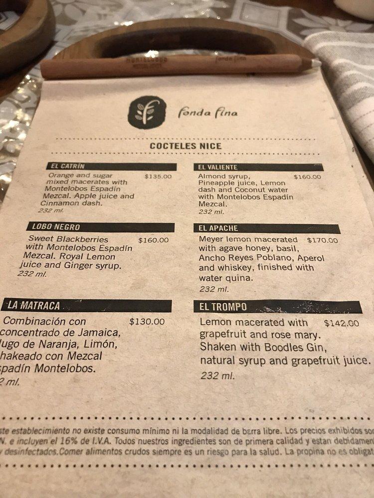 Menu at Fonda Fina restaurant, Ciudad López Mateos