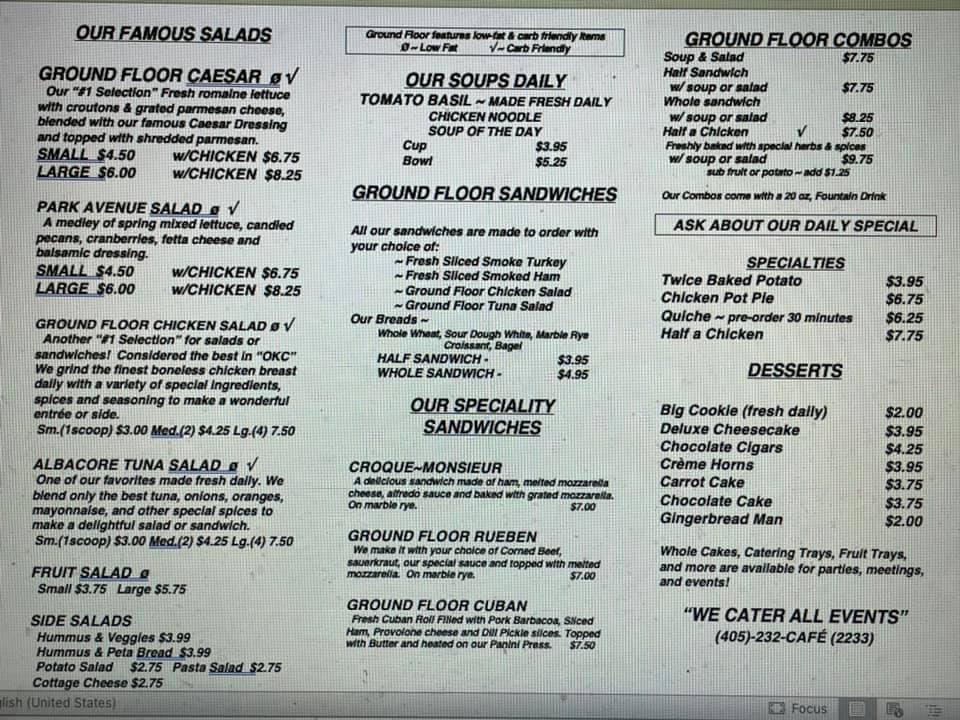 Menu at Ground Floor Cafe & Bakery, Oklahoma City