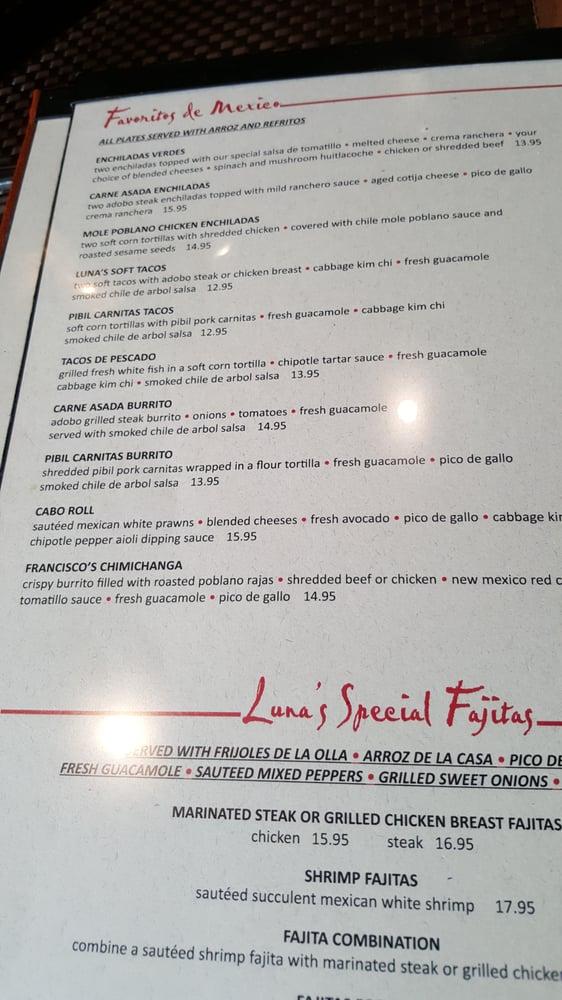 Menu at Luna Modern Mexican Kitchen restaurant, Rancho Cucamonga