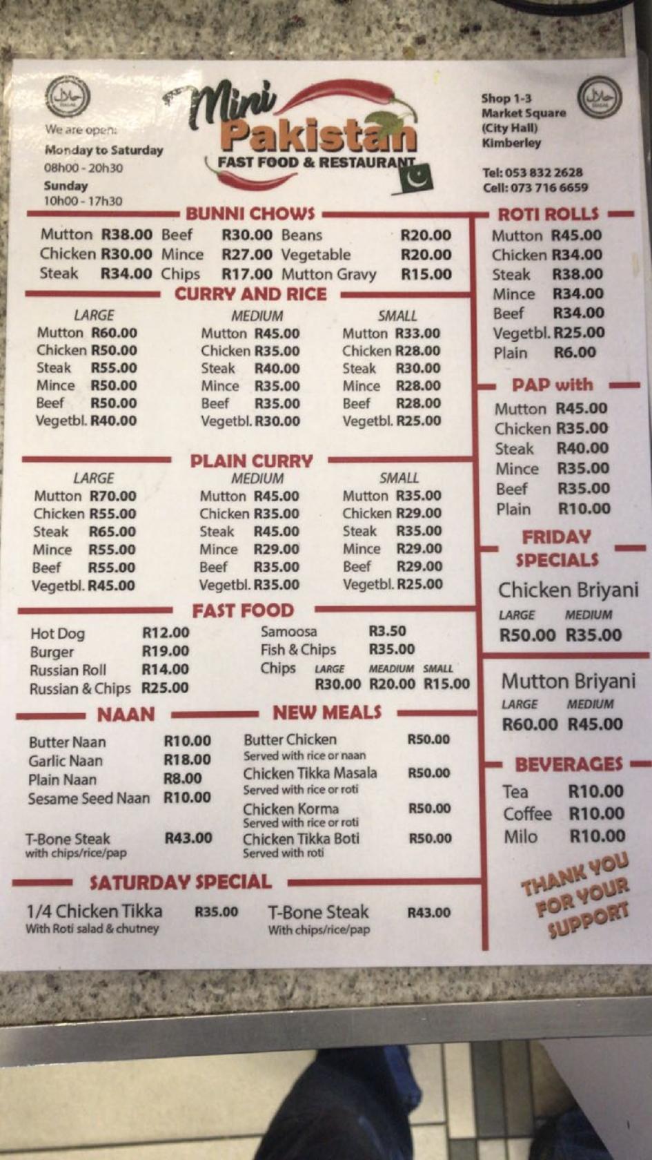 Menu at Mini Pakistan Fast Food & Restaurant, Kimberley