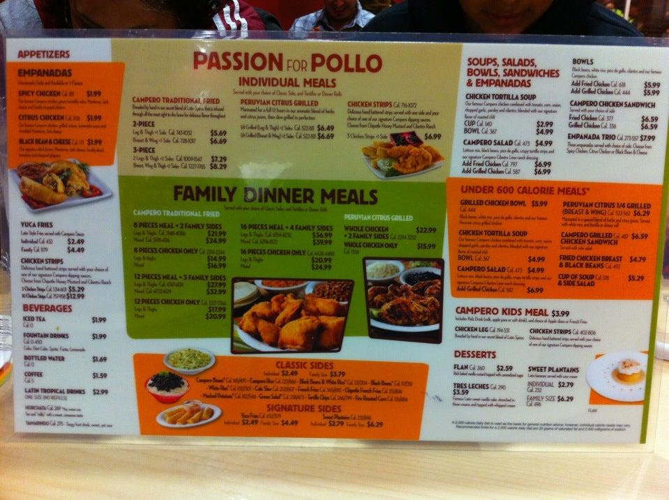 Menu at Pollo Campero restaurant, San Francisco, Mission St
