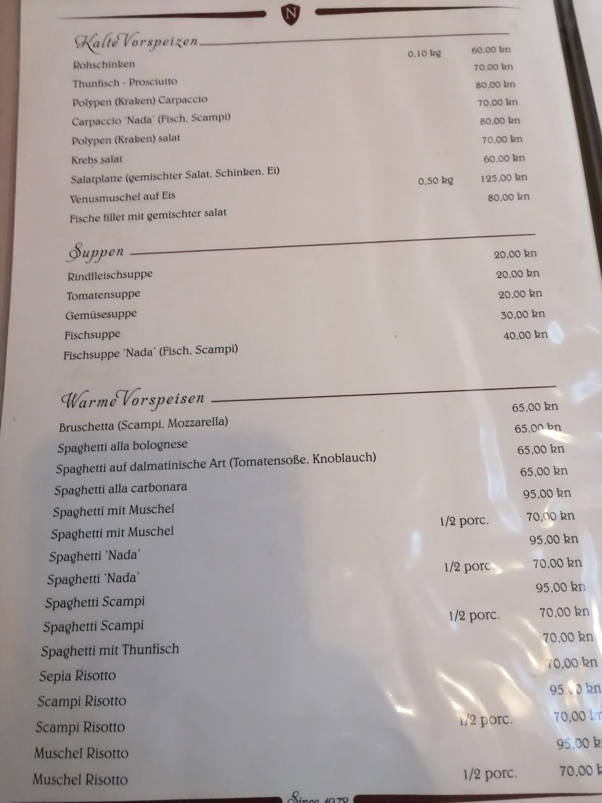 Carta del restaurante Restoran Nada, Rab