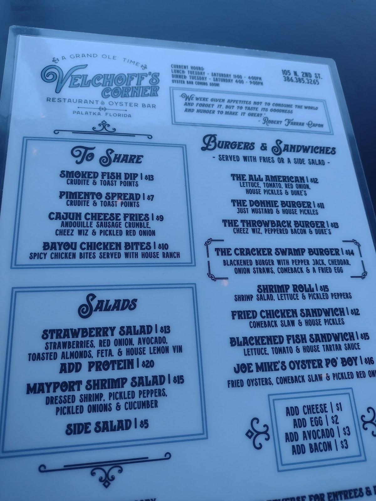 Menu at Velchoff's Corner pub & bar, Palatka
