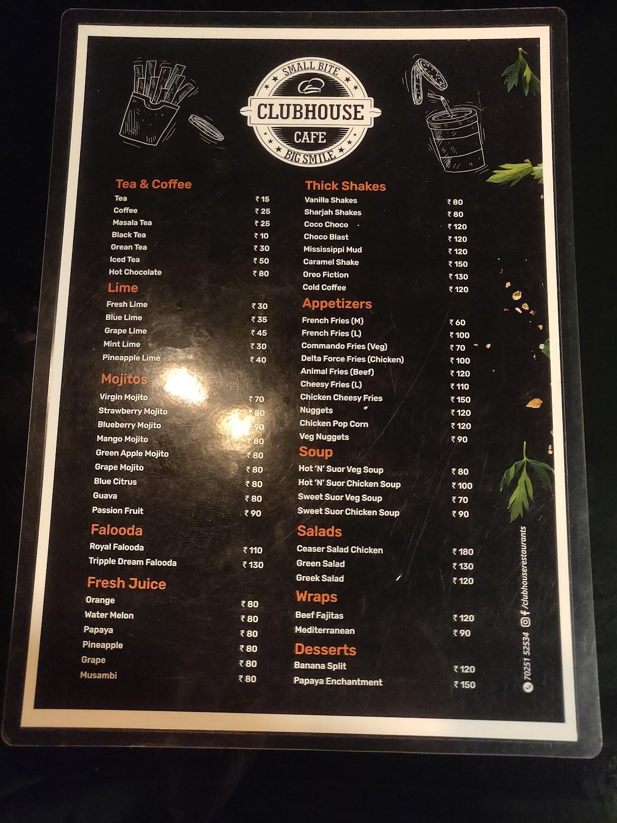 Menu at Club house, Thrissur