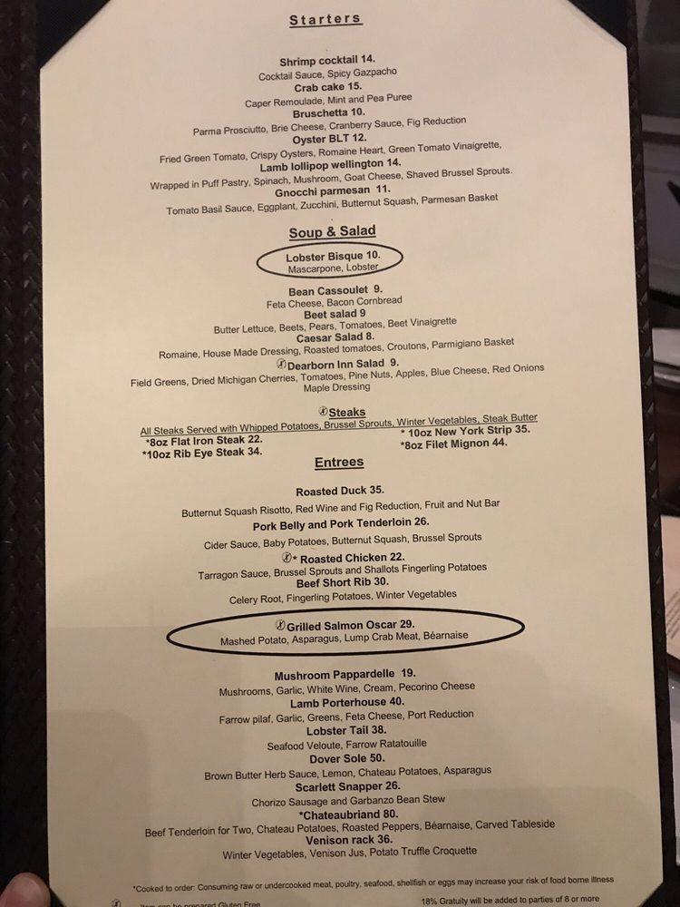 Menu at Edison's restaurant, Dearborn