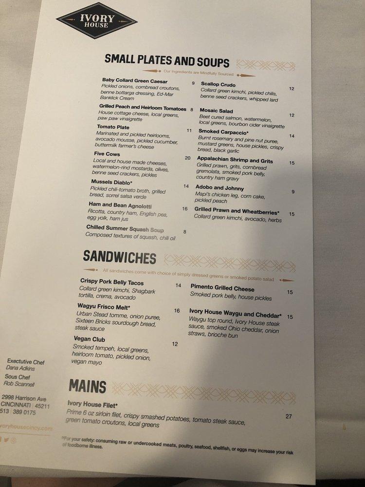 Menu at Ivory House pub & bar, Cincinnati