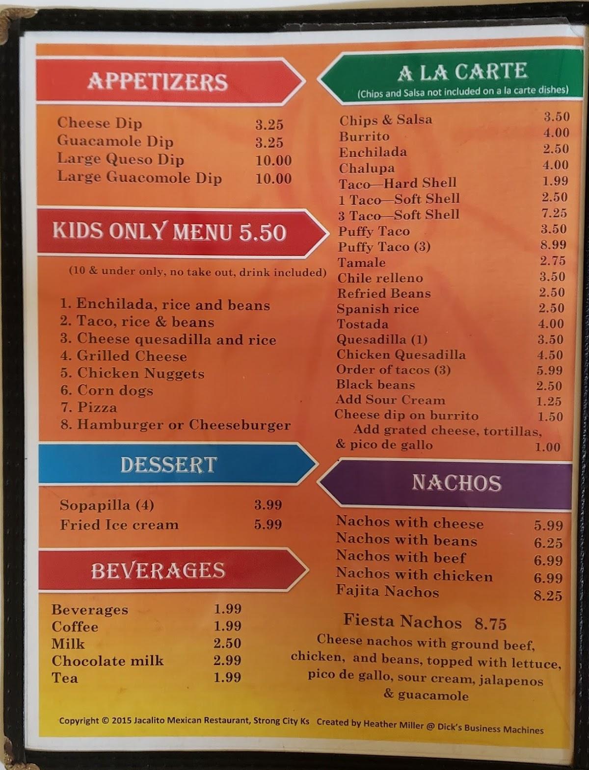 Menu at Jacalito Mexican Restaurant, Strong City