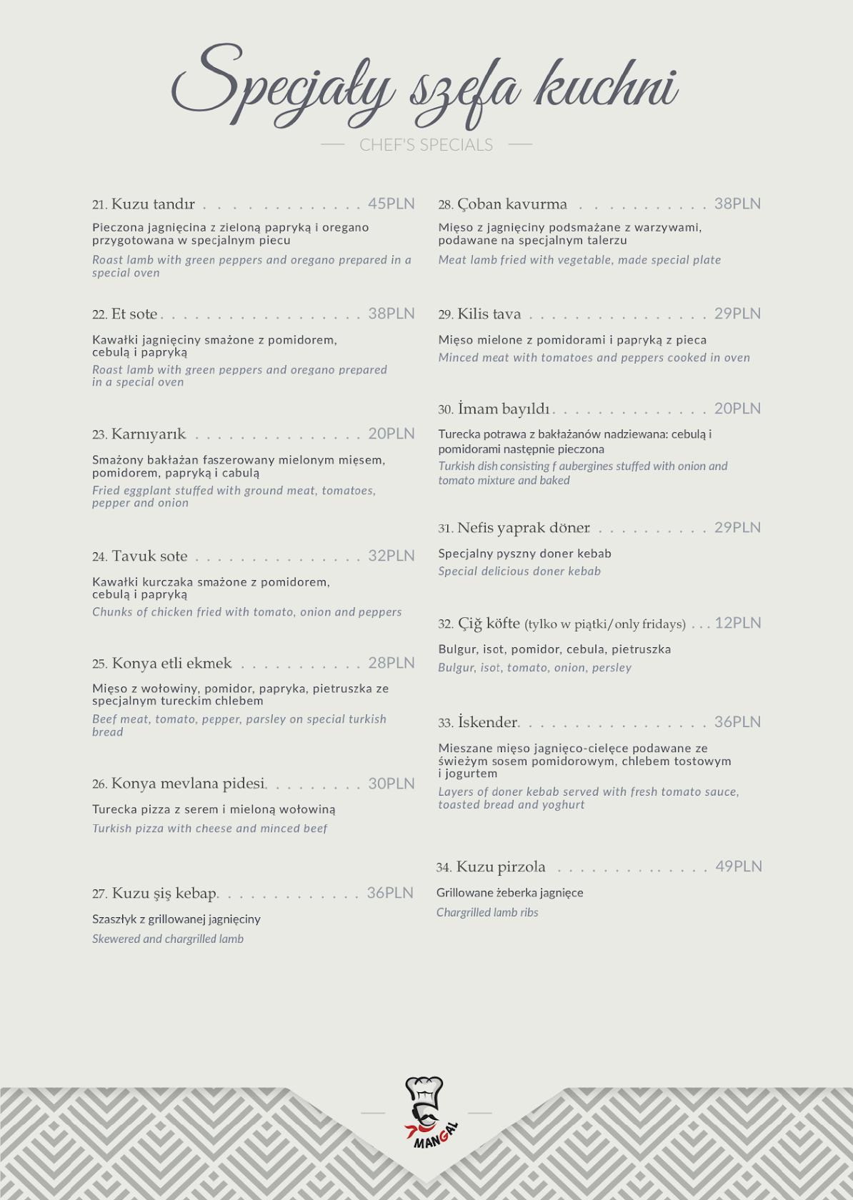Menu at Mangal restaurant, Łódź
