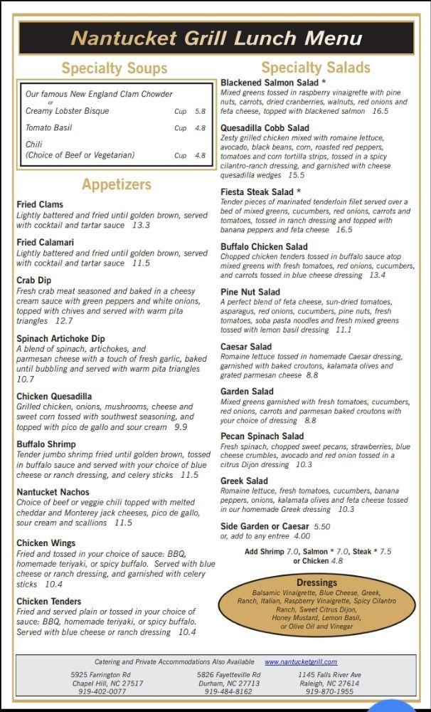Menu at Nantucket Grill - Raleigh pub & bar, Raleigh