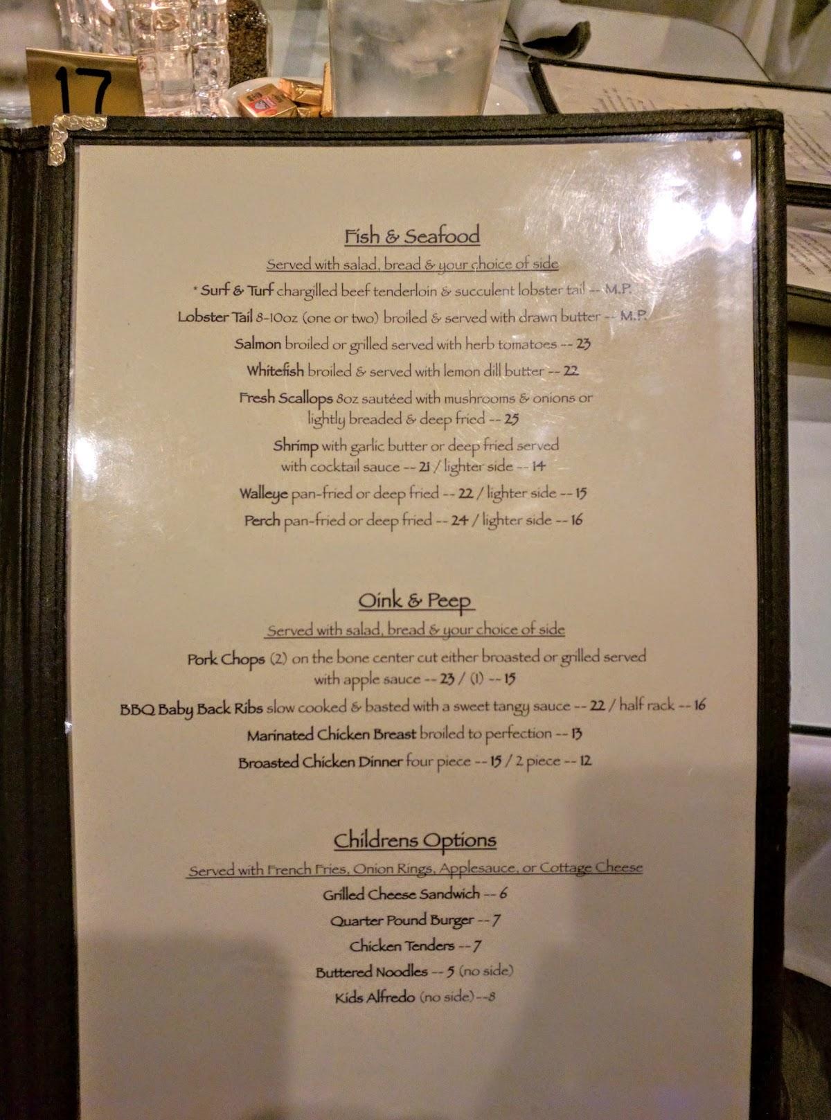 Menu at Nightingale Supper Club, Sturgeon Bay