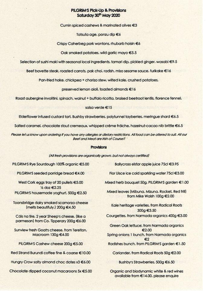 Menu at PILGRIM'S Restaurant, Rosscarbery