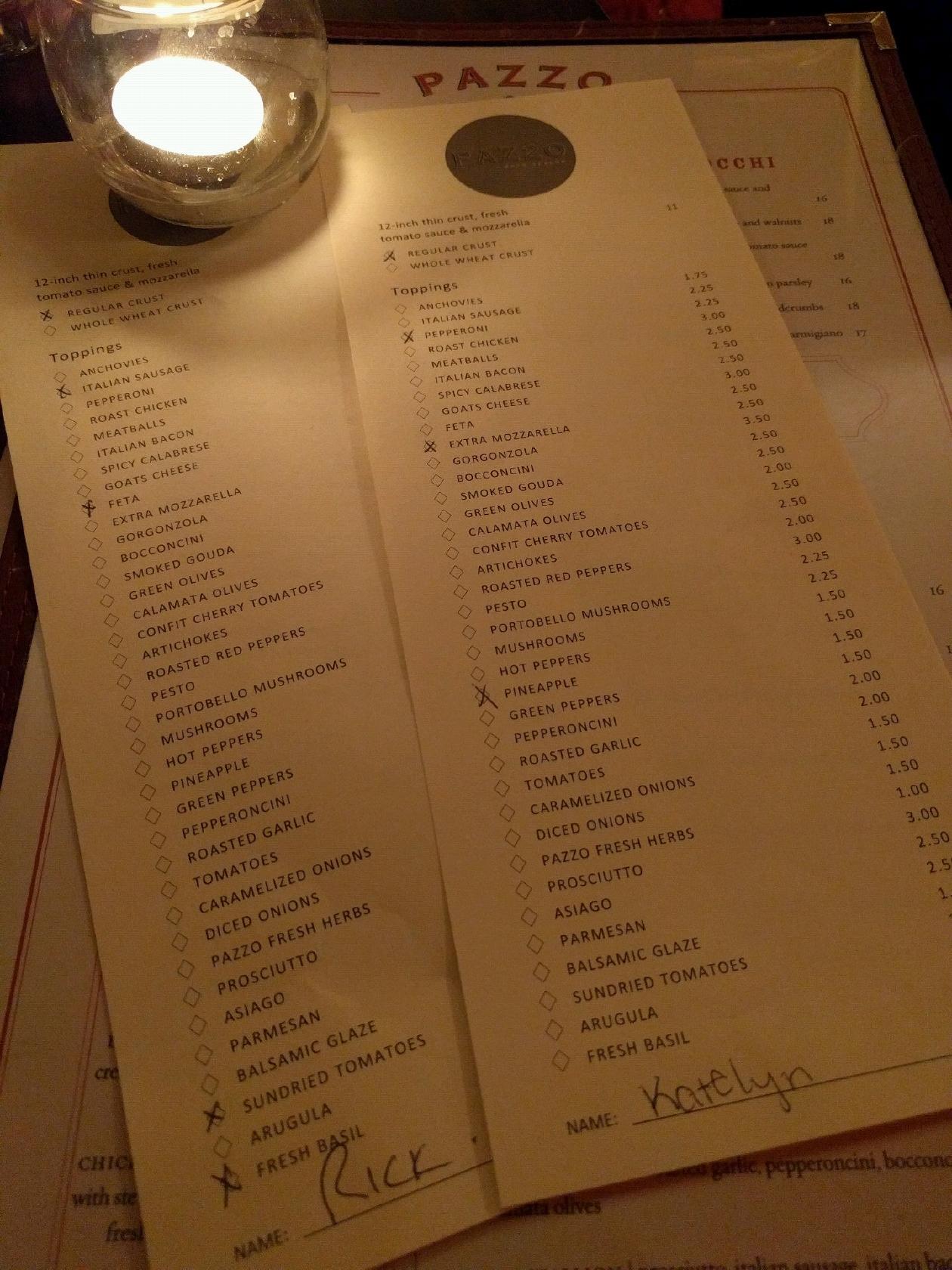 Menu at Pazzo Pizzeria, Stratford