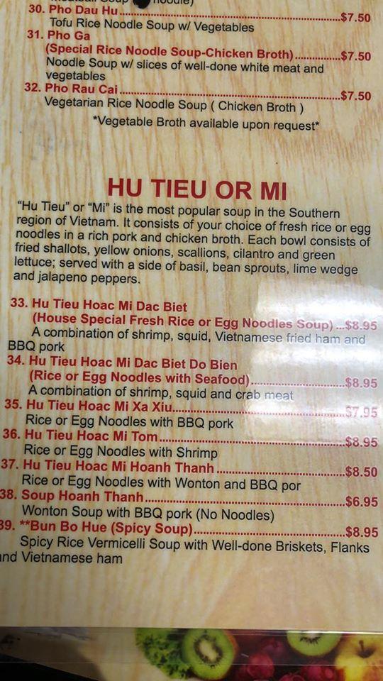 Menu at Pho 95 Vietnamese cuisine restaurant, Cocoa