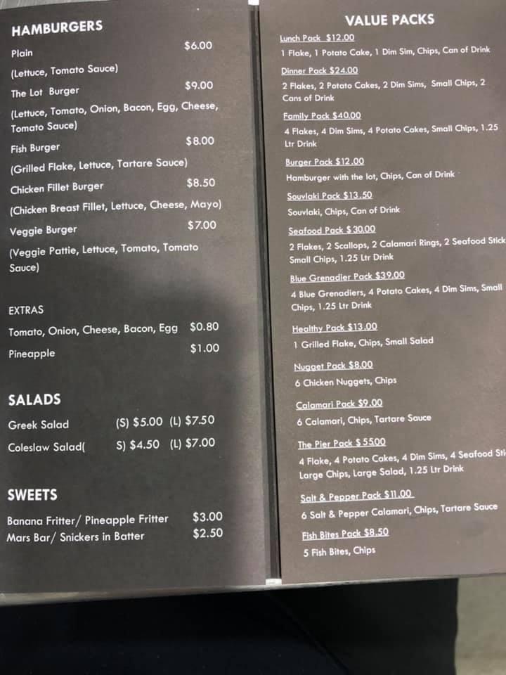 Menu at Pier 4 Fish & Chippery restaurant, Doreen
