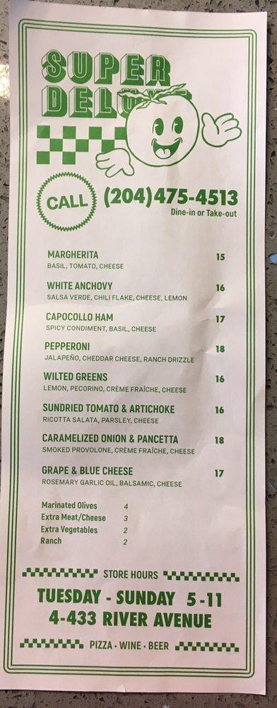 Menu at Super Deluxe Pizzeria, Winnipeg