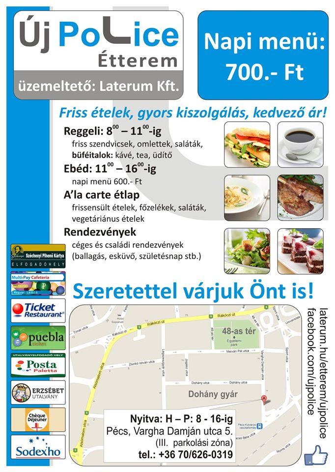 Menu at Új Police Étterem restaurant, Pécs