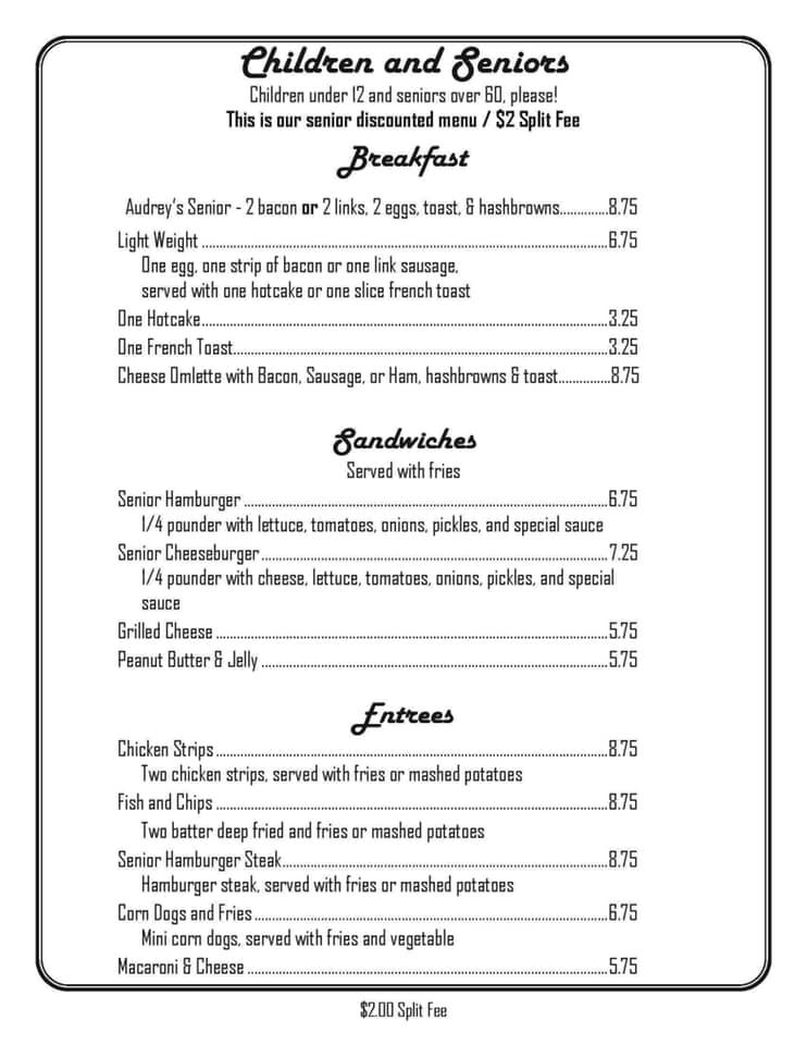 Menu at Audrey's Restaurant, Newport, U.S. Rte 2