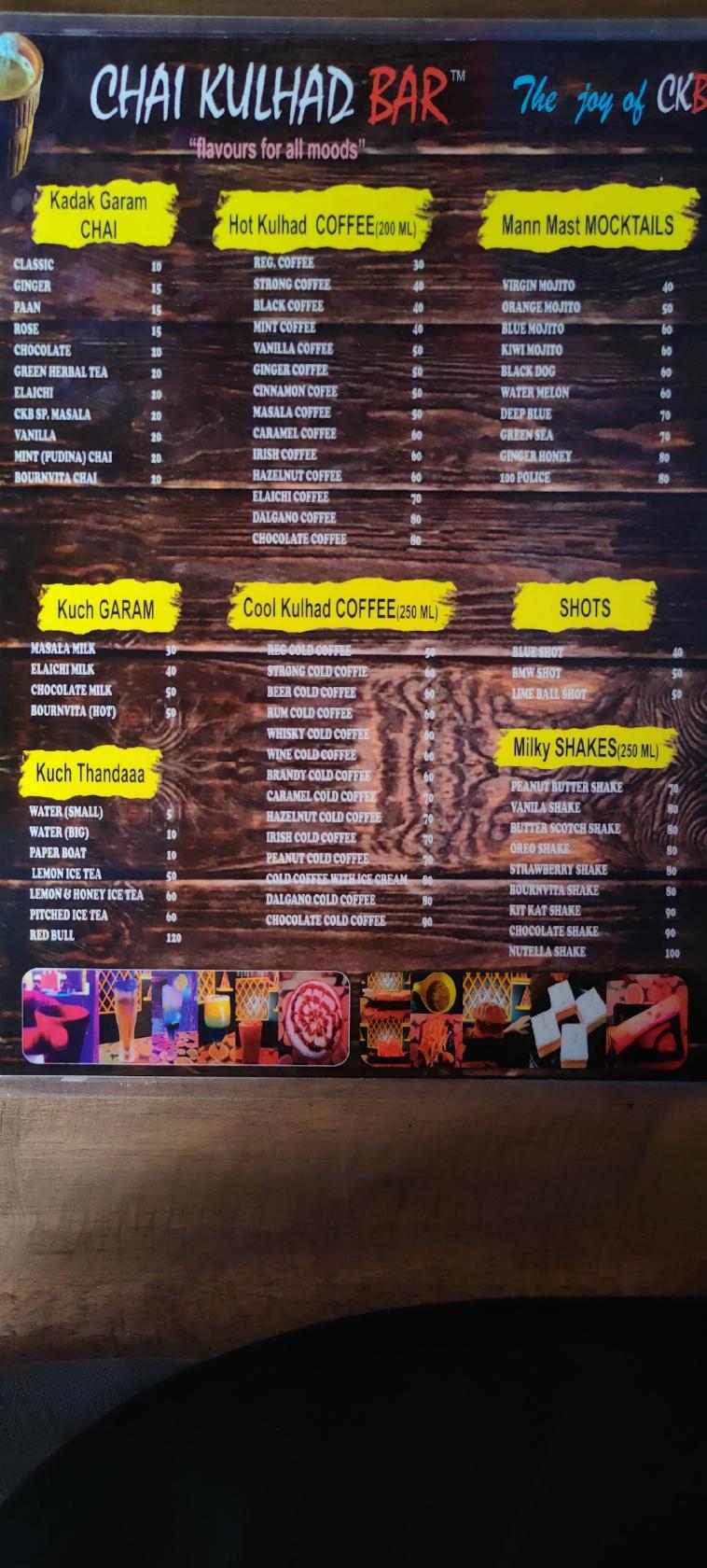 Menu at Chai Kulhad Bar, Vapi