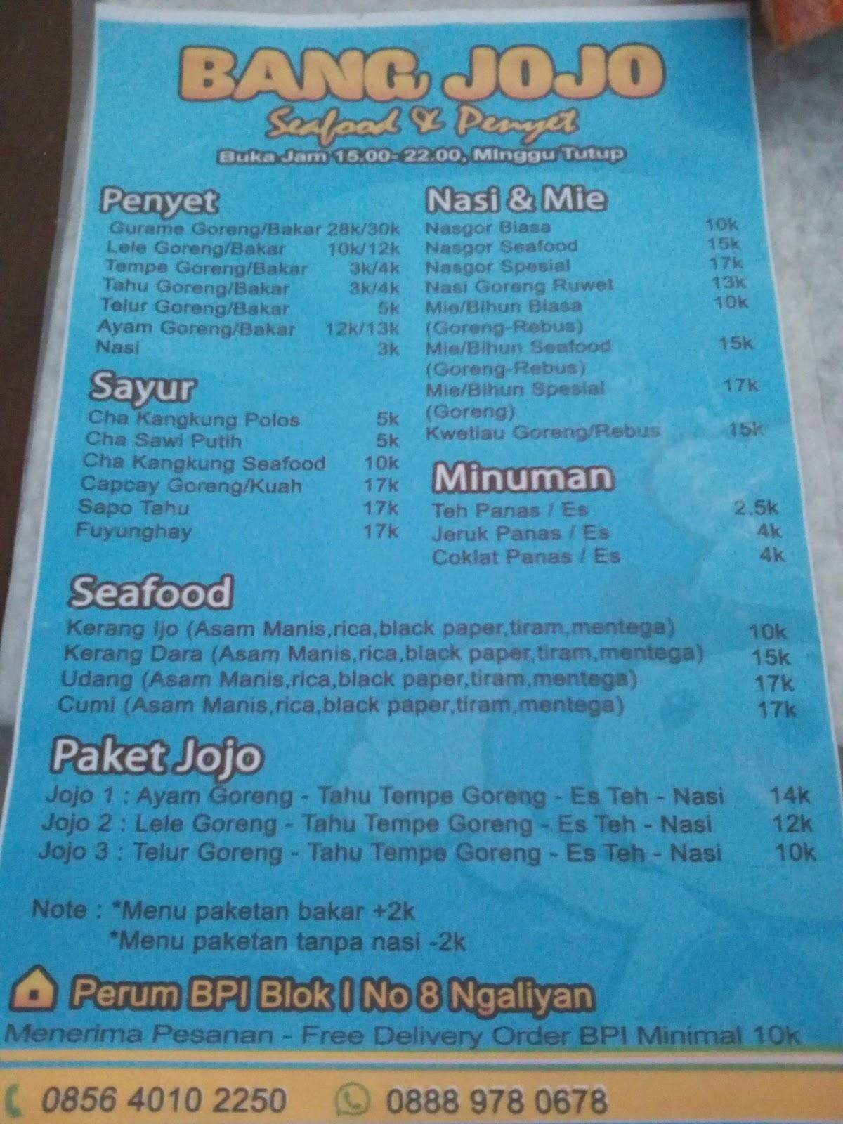Menu at Penyet&Seafood Bang JOJO restaurant, Semarang