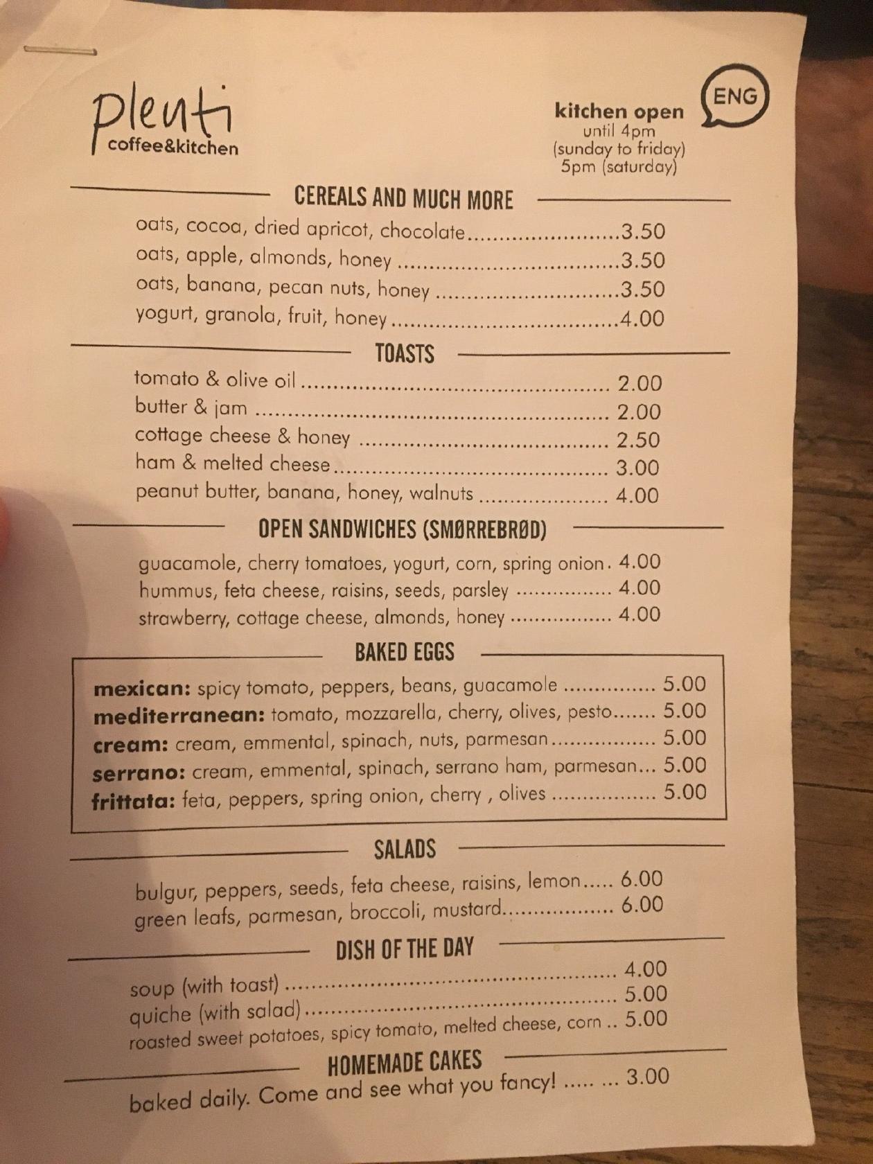 Menu at Plenti cafe, Madrid