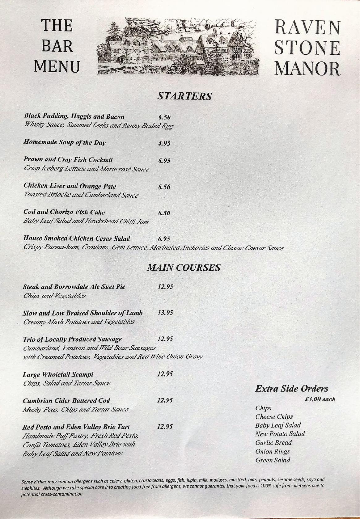 Menu at Ravenstone Manor Hotel pub & bar, Bassenthwaite