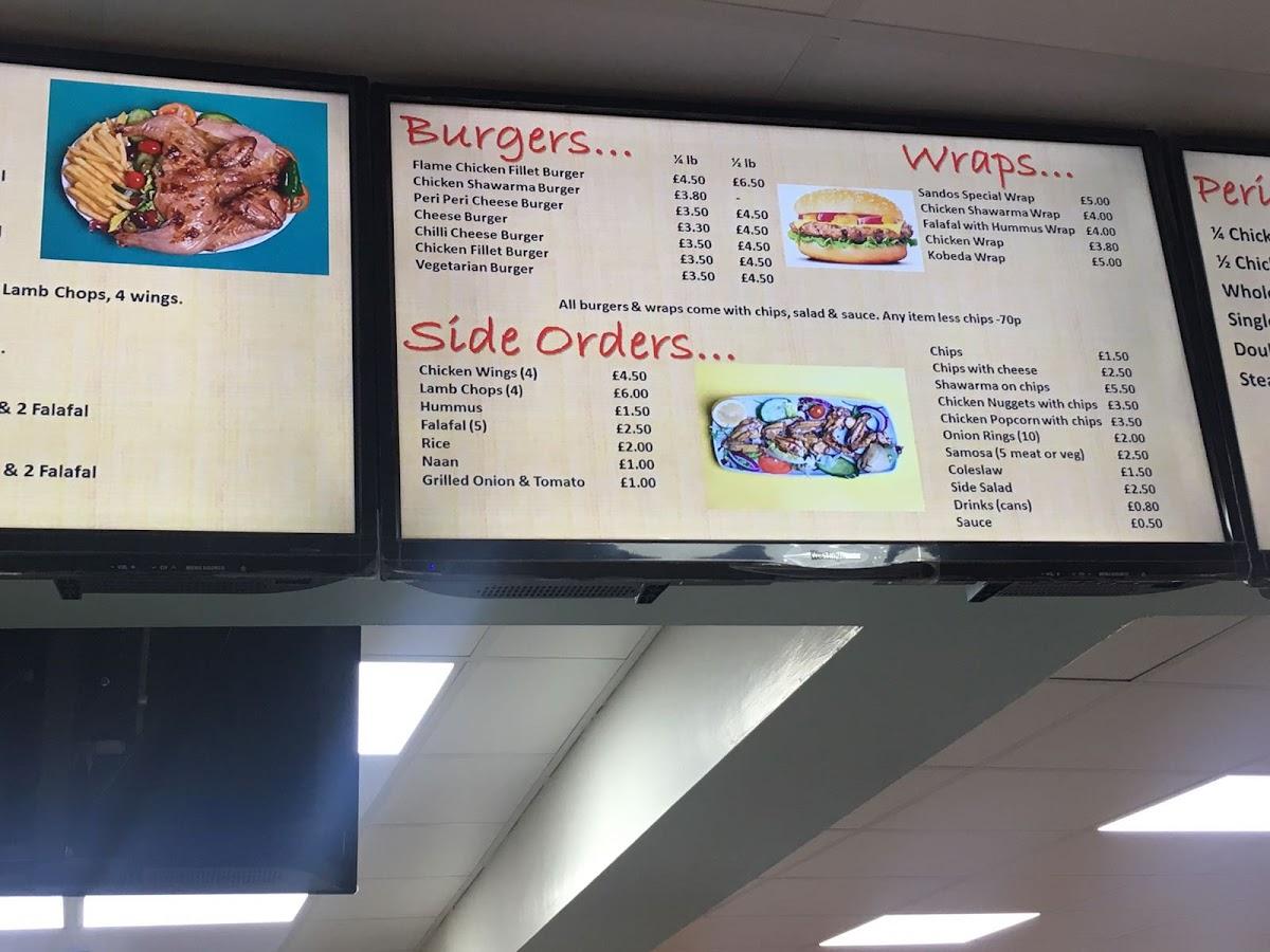 Menu at Sandos fast food, Preston