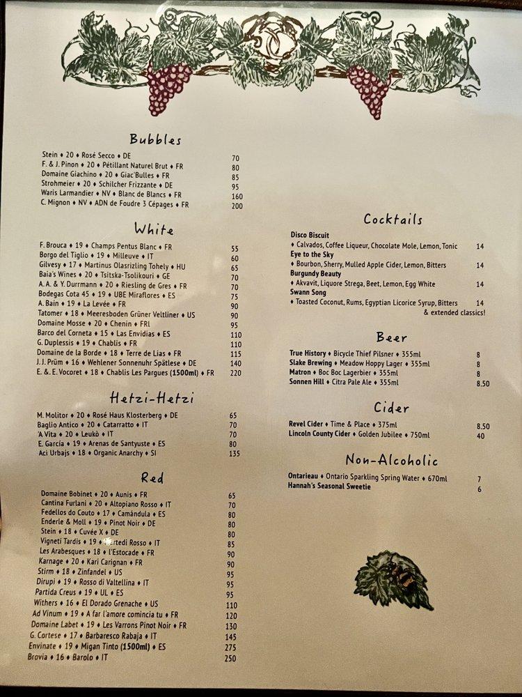 Menu at Bernhardt's restaurant, Toronto