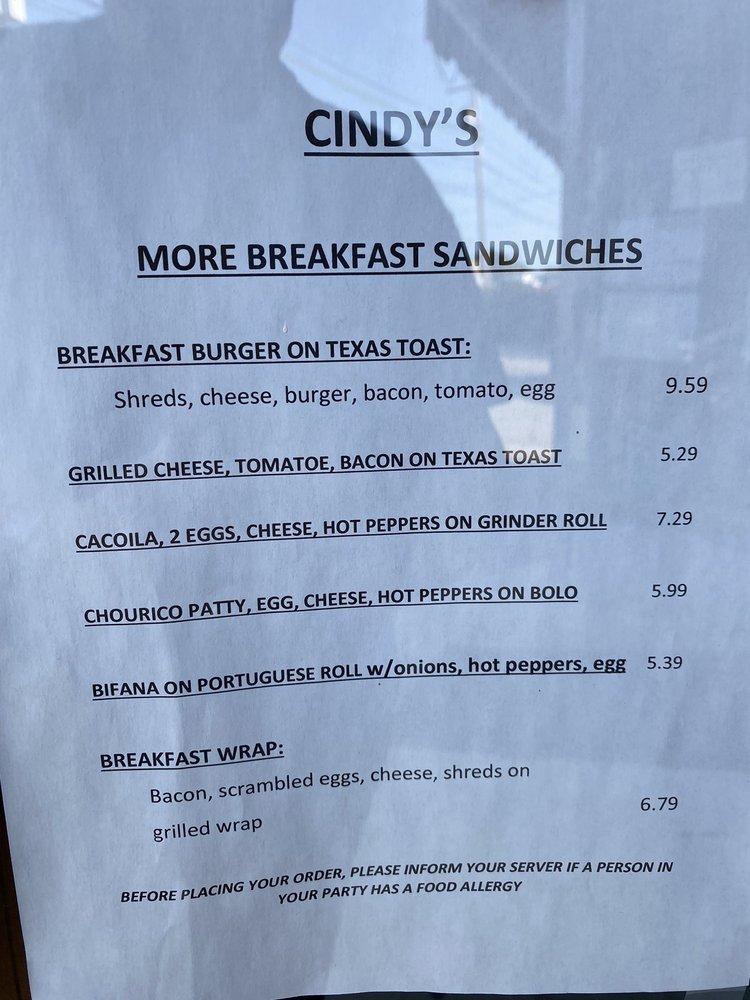 Menu at Cindy's restaurant, Somerset