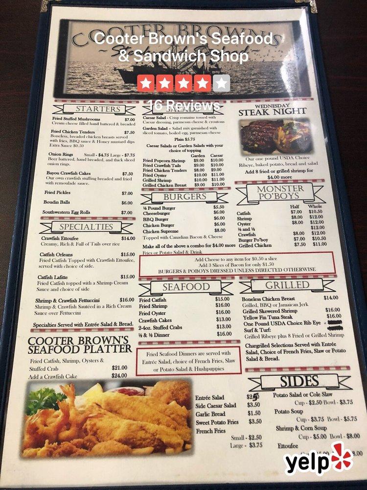 Menu at Cooter Brown's Seafood restaurant, Robert, U.S. Hwy 190