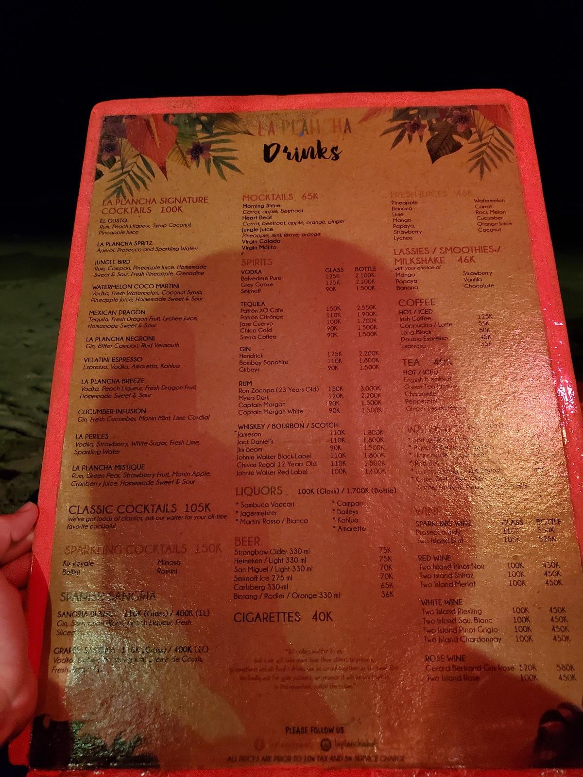 Menu at La Plancha Beach Bar, Aracaju