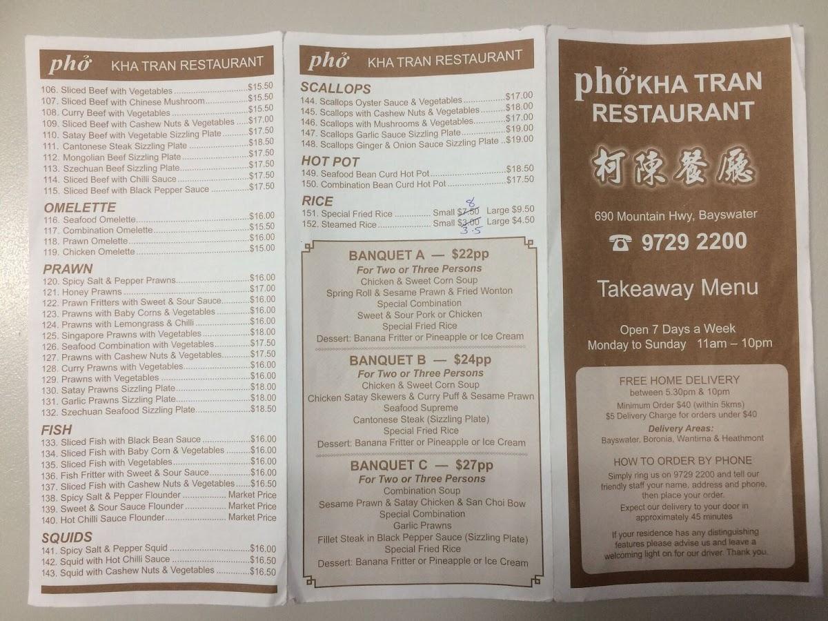 Menu at Pho Kha Tran Restaurant, Bayswater