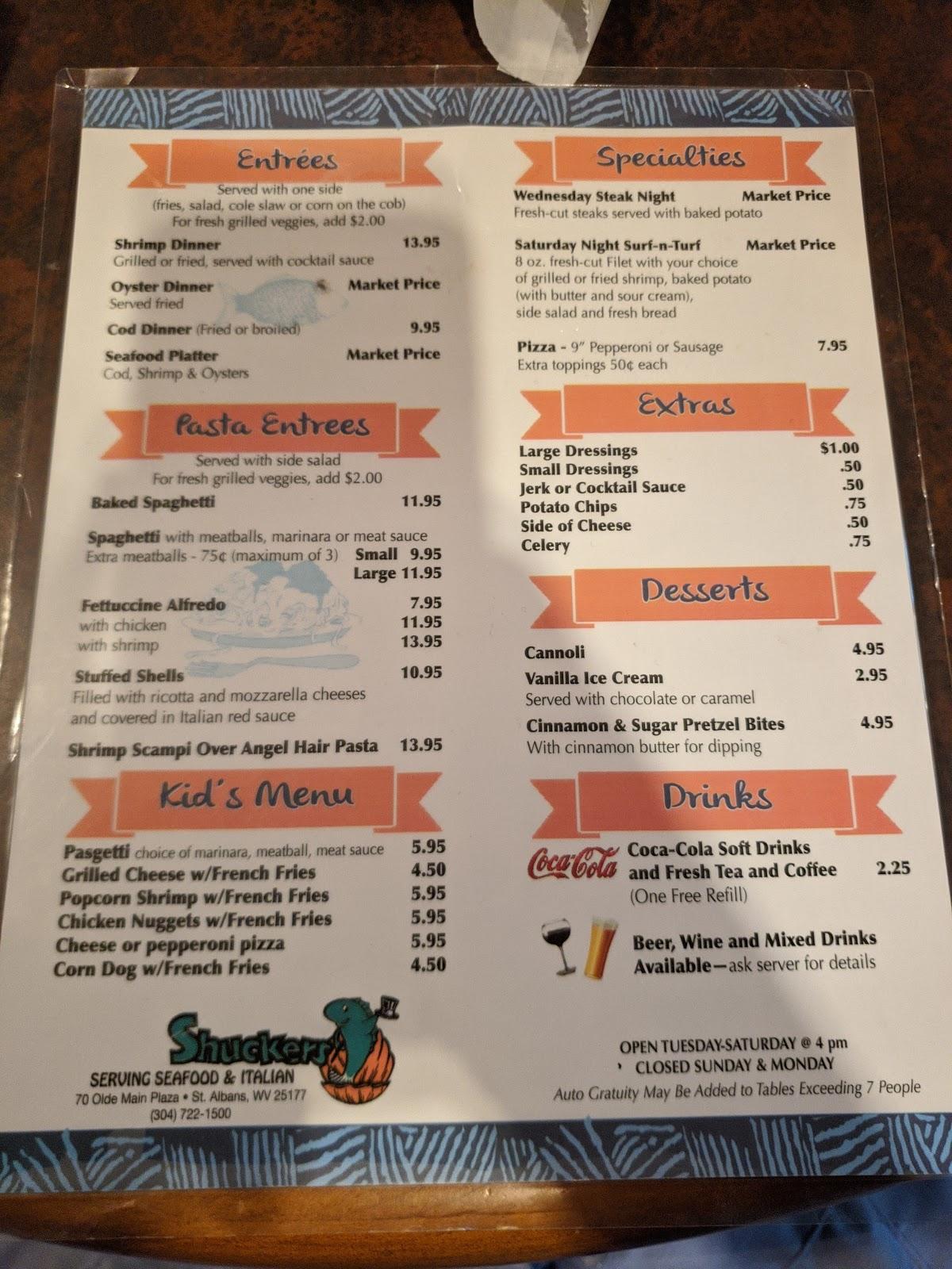 Menu at Shuckers restaurant, Saint Albans