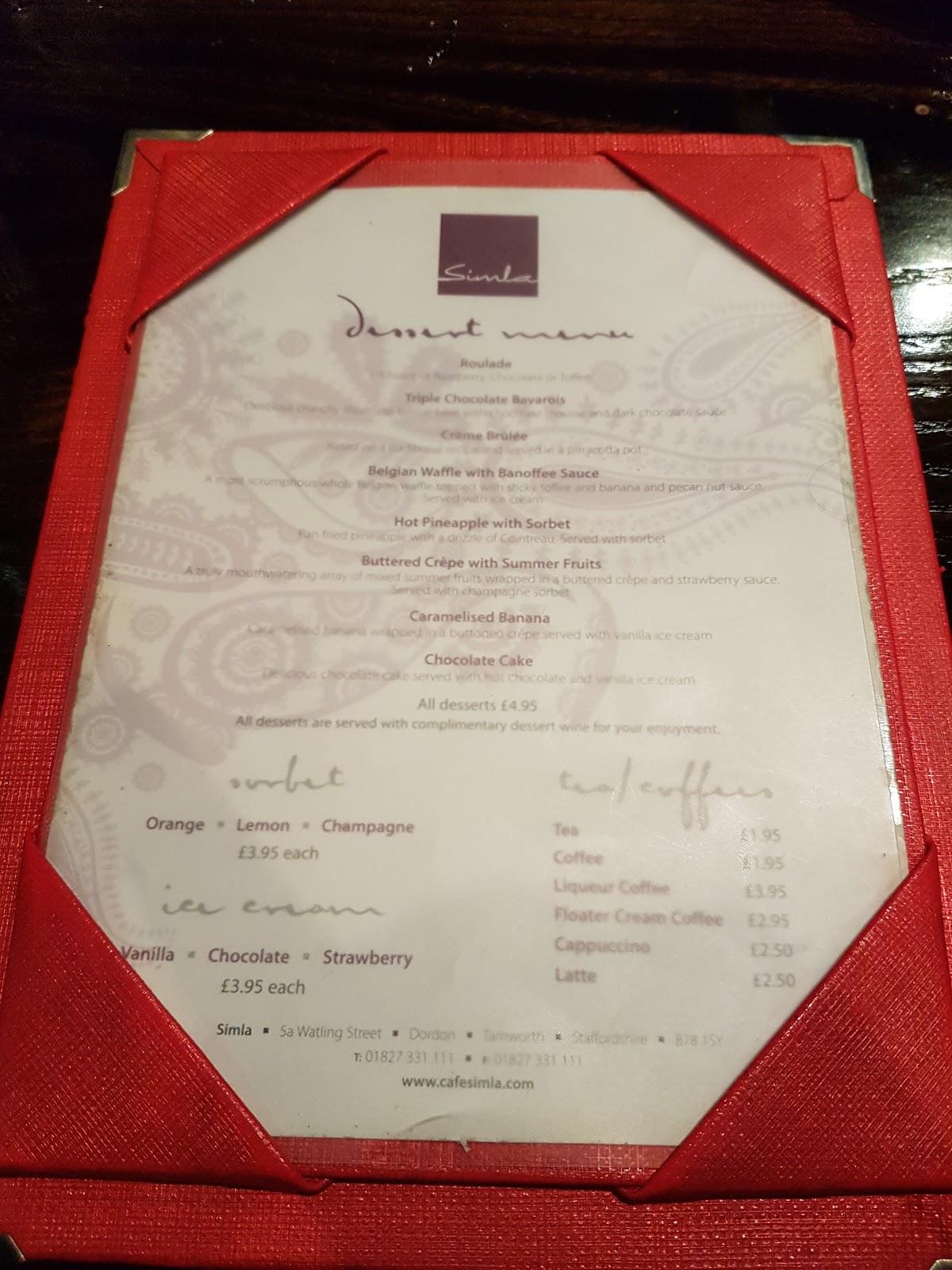 Carta de Zaazu Restaurant, Tamworth