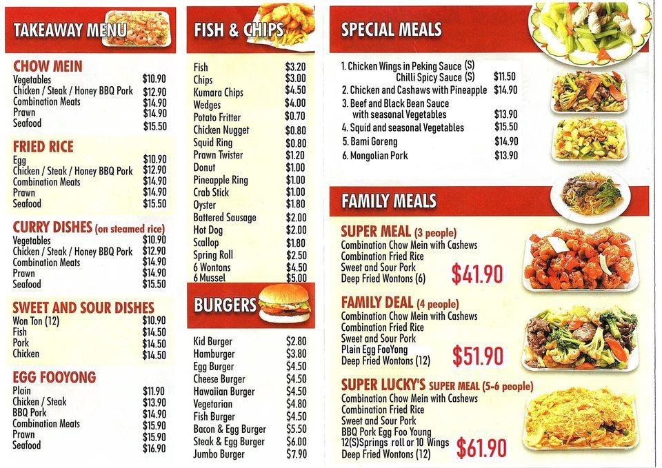Menu at Super Lucky Takeaways restaurant, Rotorua