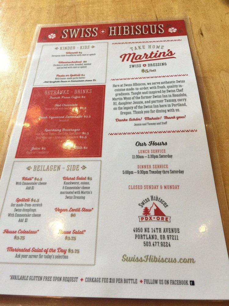 Menu at Swiss Hibiscus restaurant, Portland