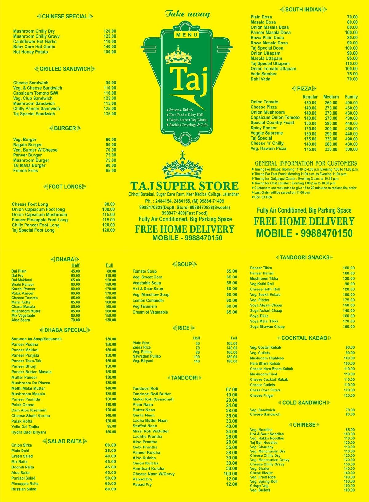Menu at Taj Super Store Garha Road Jalandhar, Jalandhar