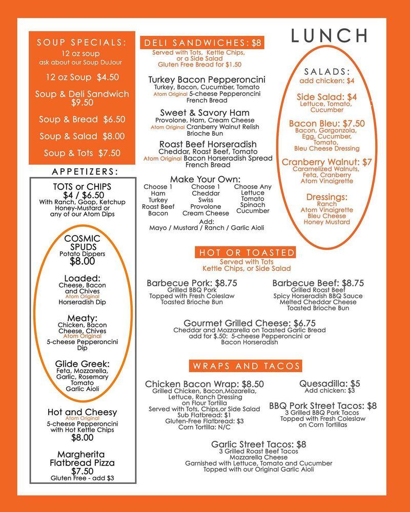 Carta de The Atom Bistro and Coffee Bar, Glide