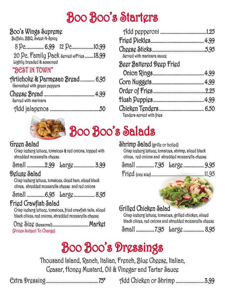 Menu at Boo Boo's Pizzeria & Cajun Cuisine, Scott
