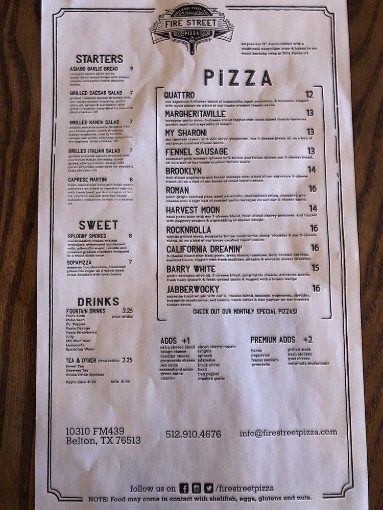 Menu at Fire Street Pizza pizzeria, Belton, FM439