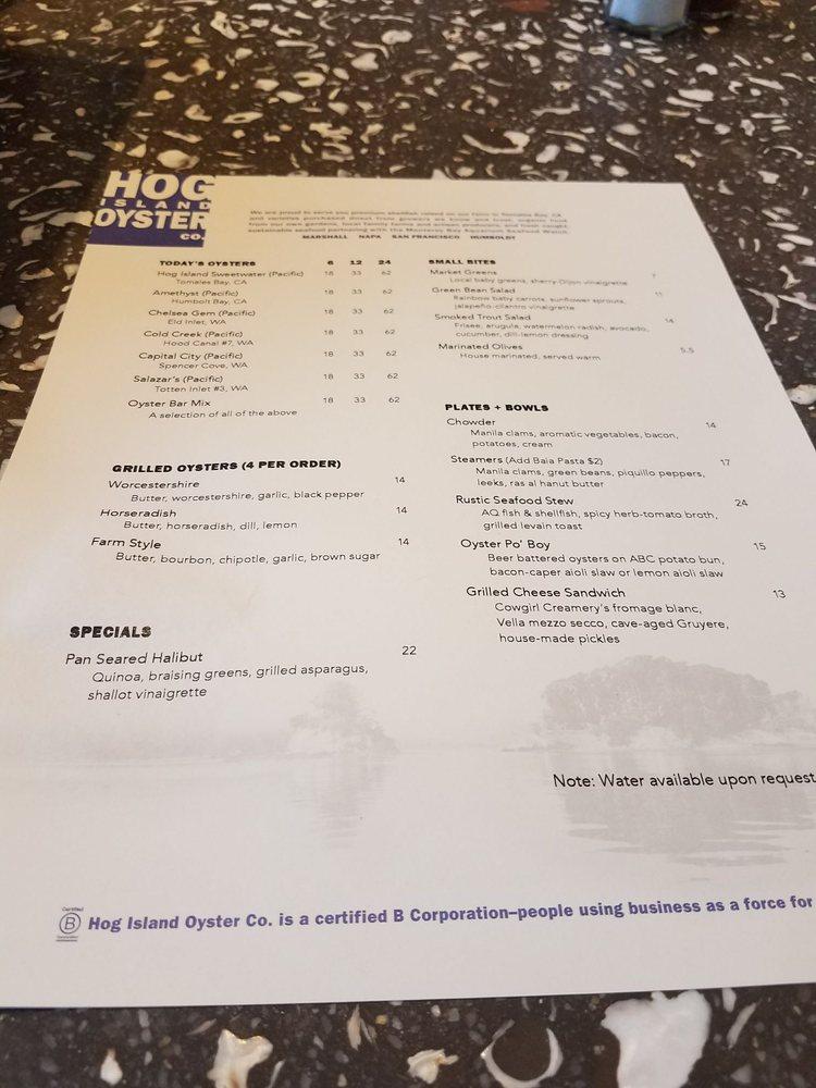 Menu at Hog Island Oyster Co restaurant, Napa
