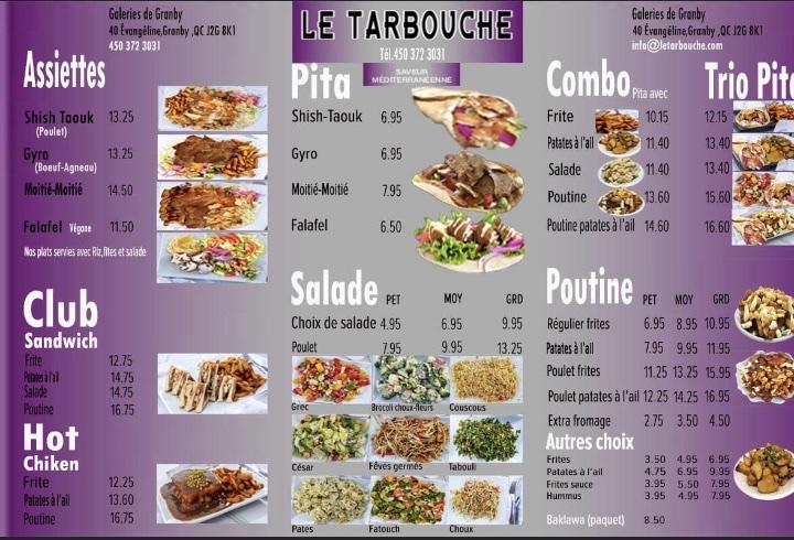 Menu at Le Tarbouche restaurant, Granby