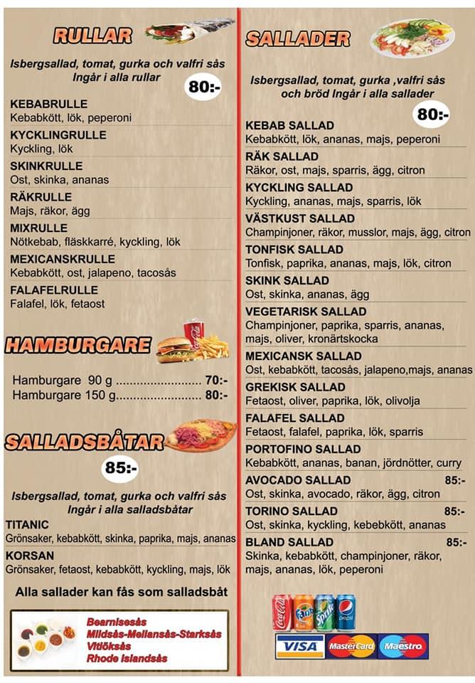 Menu at Pizzeria Torino, Munkfors, Smedsgatan 14A