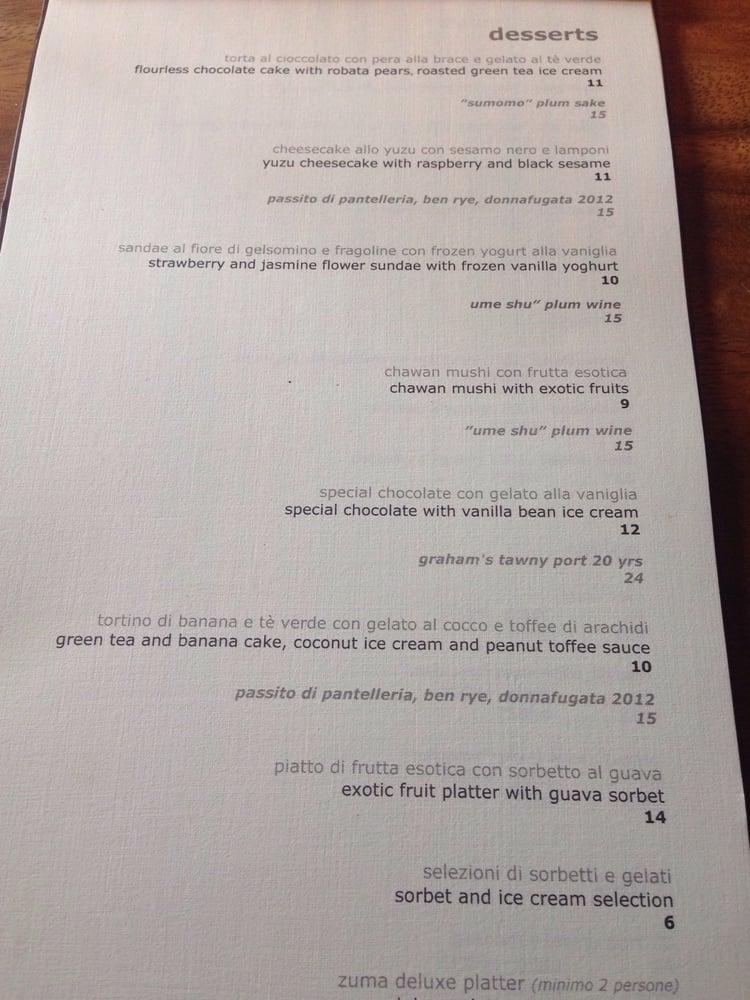 Carta del restaurante Zuma Rome, Roma