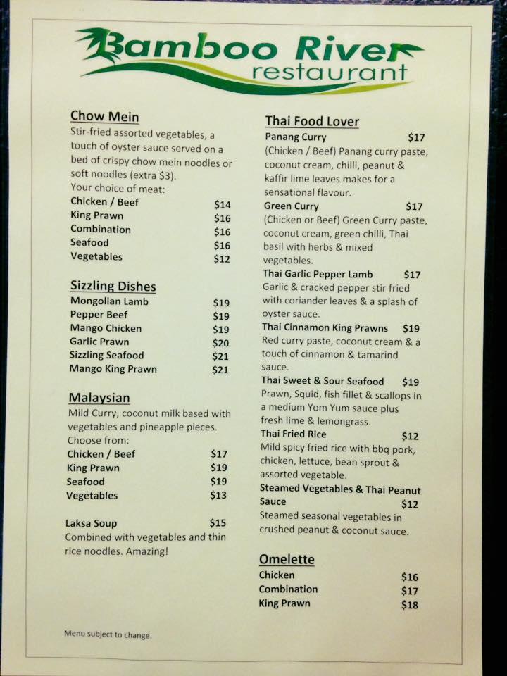Menu at Bamboo River Restaurant, Vincentia