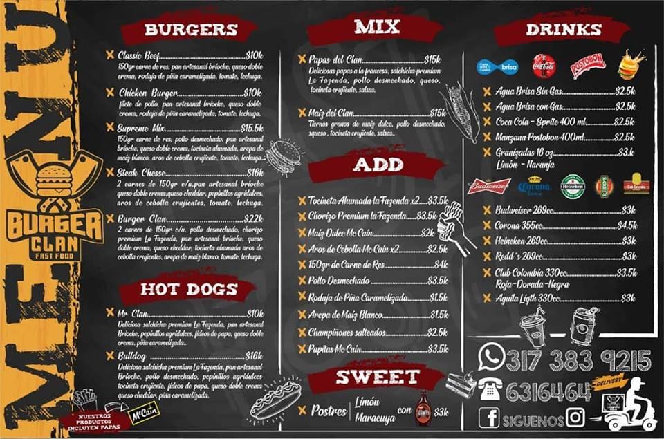Menu at Burger Clan restaurant, Bucaramanga